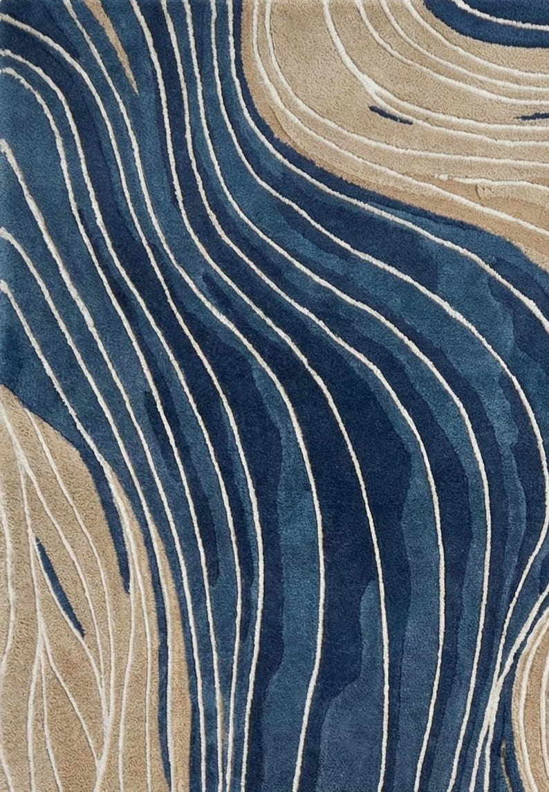 Abstract Wavy Wool Rug, Modern Neutral Area Rug, Navy Blue Beige ...