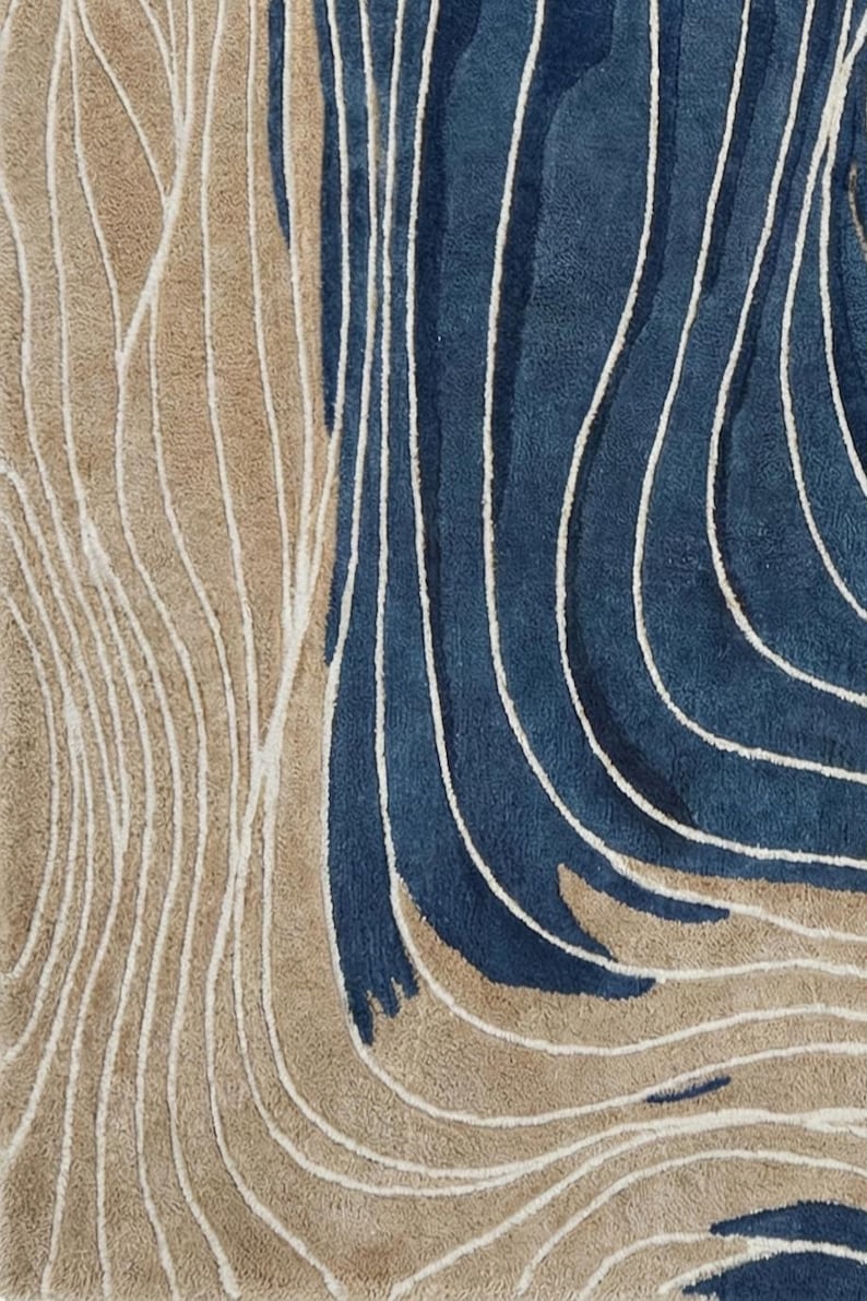 Abstract Wavy Wool Rug, Modern Neutral Area Rug, Navy Blue Beige ...