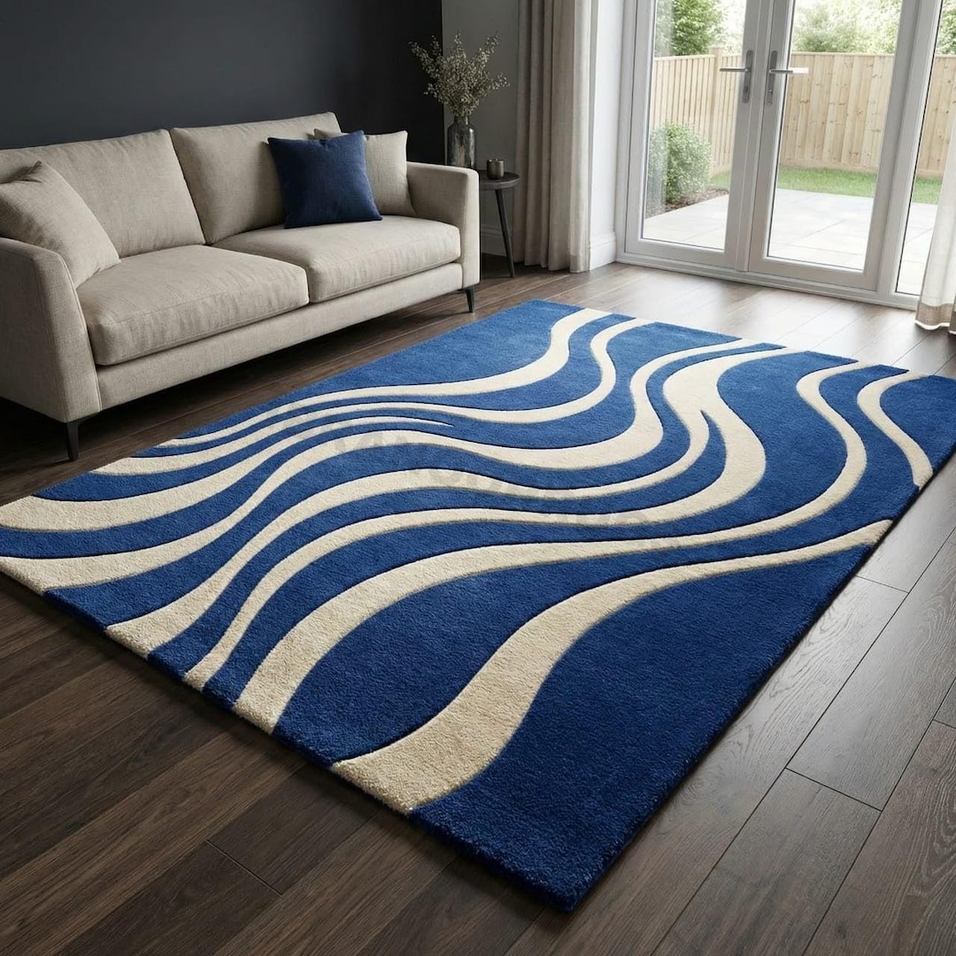 Modern Blue Wave Area Rug – Abstract Cream Pattern Carpet, Contemporary ...
