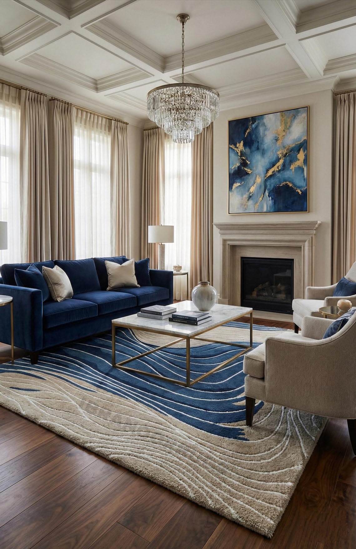 Abstract Wavy Wool Rug, Modern Neutral Area Rug, Navy Blue Beige ...