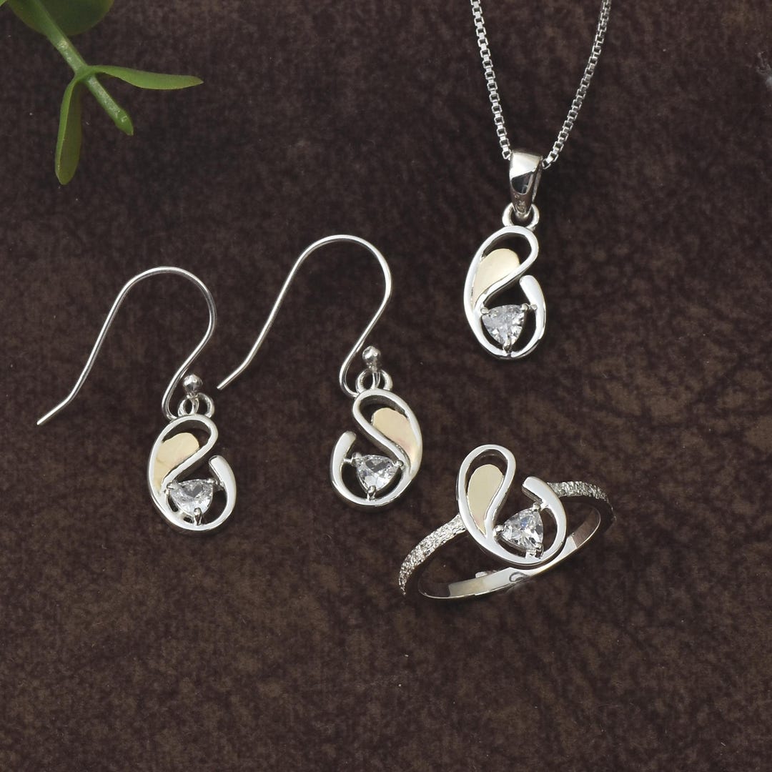 Handcrafted CZ Jewelry Set 9K Gold & Sterling Silver Ring, Earrings ...