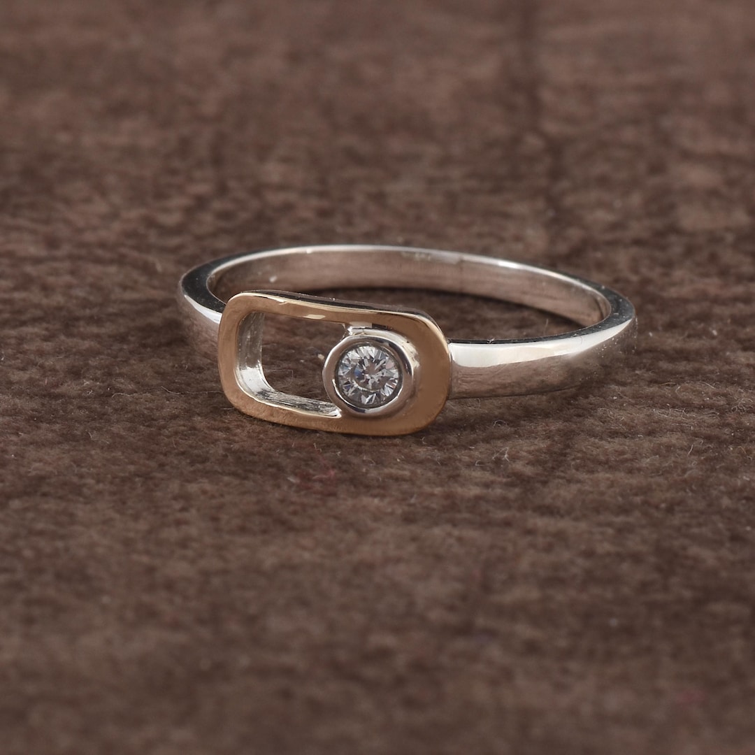CZ Sterling Silver Ring 9K Gold Accent, Stackable Mixed Metal Jewelry ...