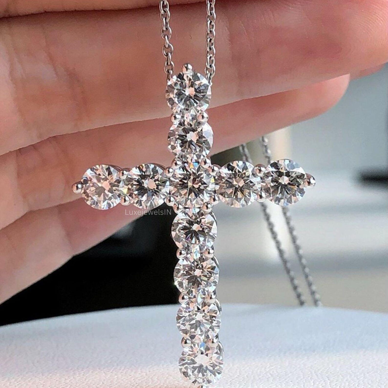 Diamond Cross Necklace, 14K White Gold Pendant, Round Brilliant Cut ...