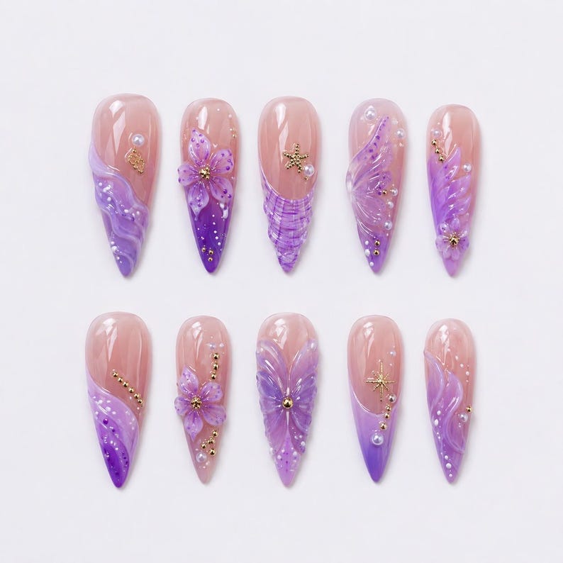 Purple Mermaid Press on Nails | 3D Shell Butterfly Wing Fake Nails ...