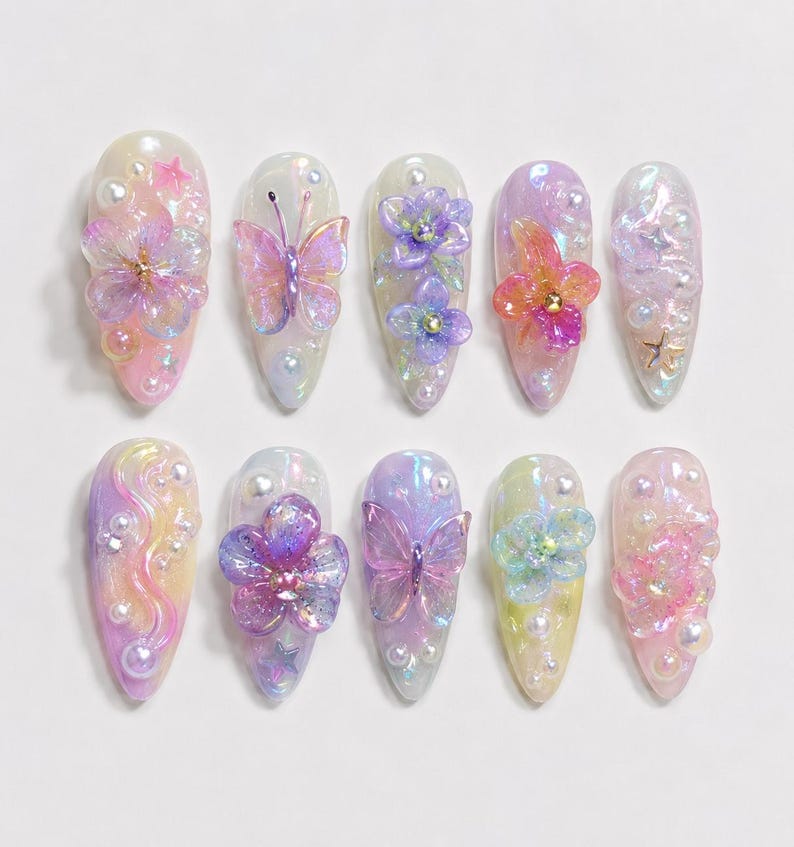 Pastel Aurora Press on Nails | 2D Butterfly Flower Art | Iridescent ...