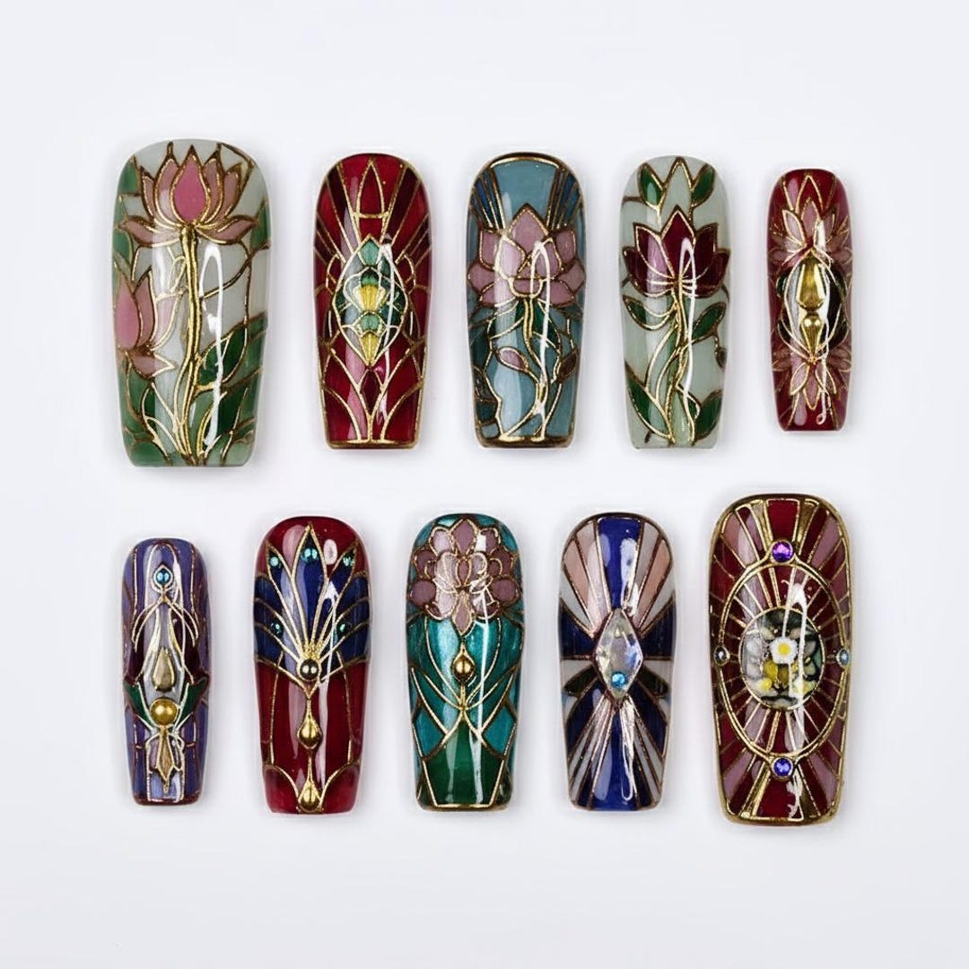 Vitrella Art Deco Stained Glass Press on Nails Long Square, Gold Lotus ...