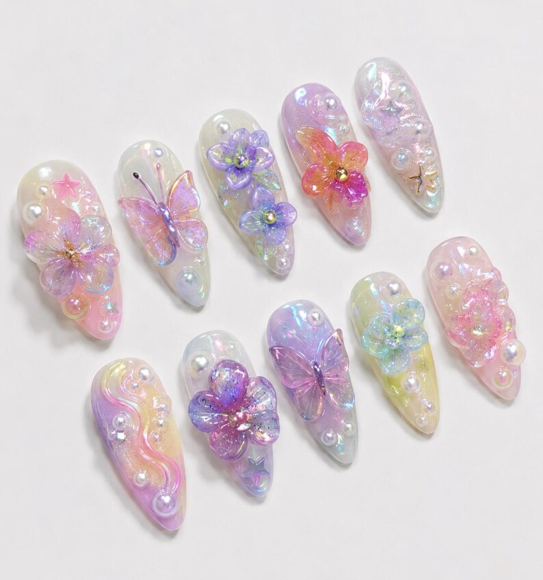 Pastel Aurora Press on Nails | 2D Butterfly Flower Art | Iridescent ...