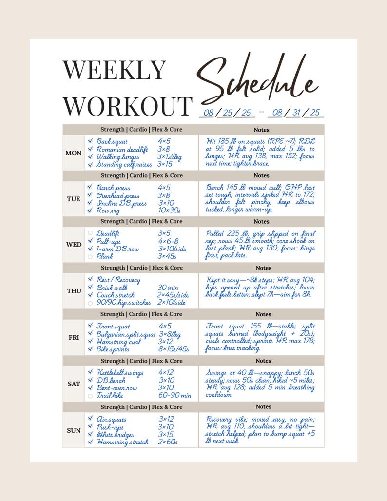Weekly Workout Planner PDF: Fitness Tracker, Gym Training Log ...