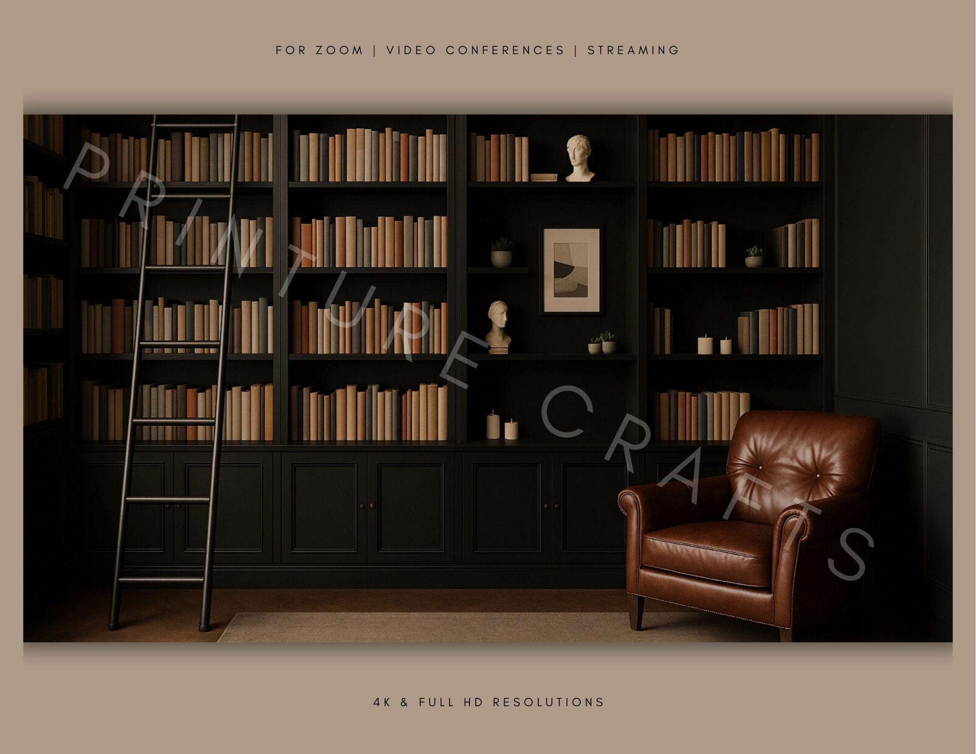 Black Home Library Zoom Background: Professional Virtual Backdrop ...