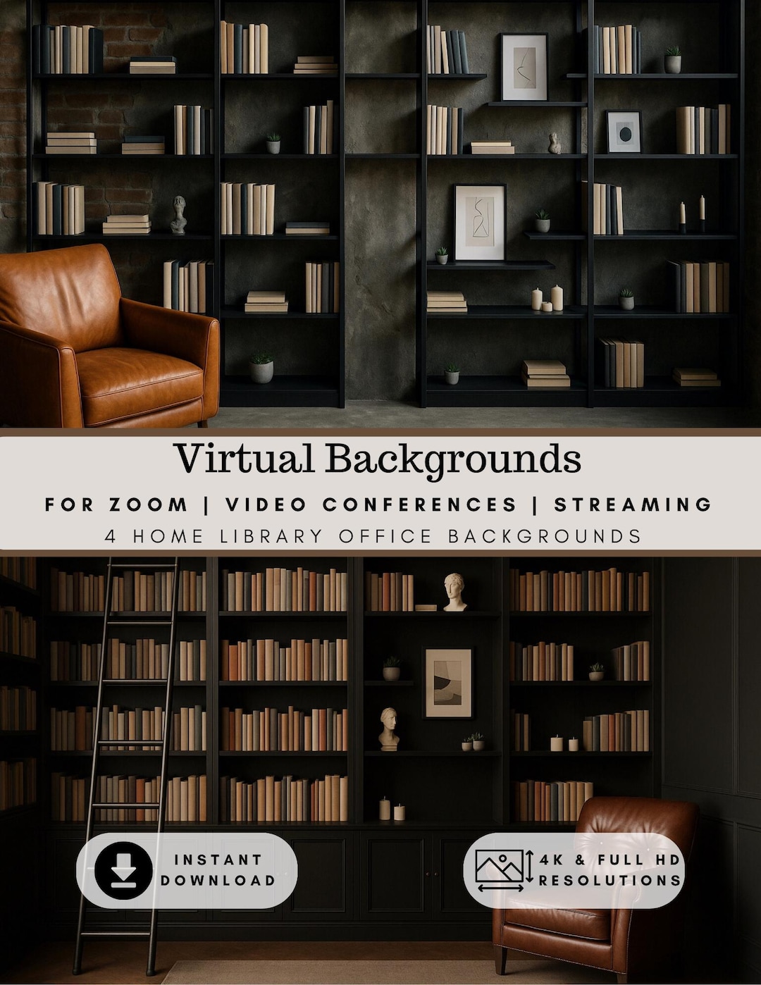 Black Home Library Zoom Background: Professional Virtual Backdrop ...