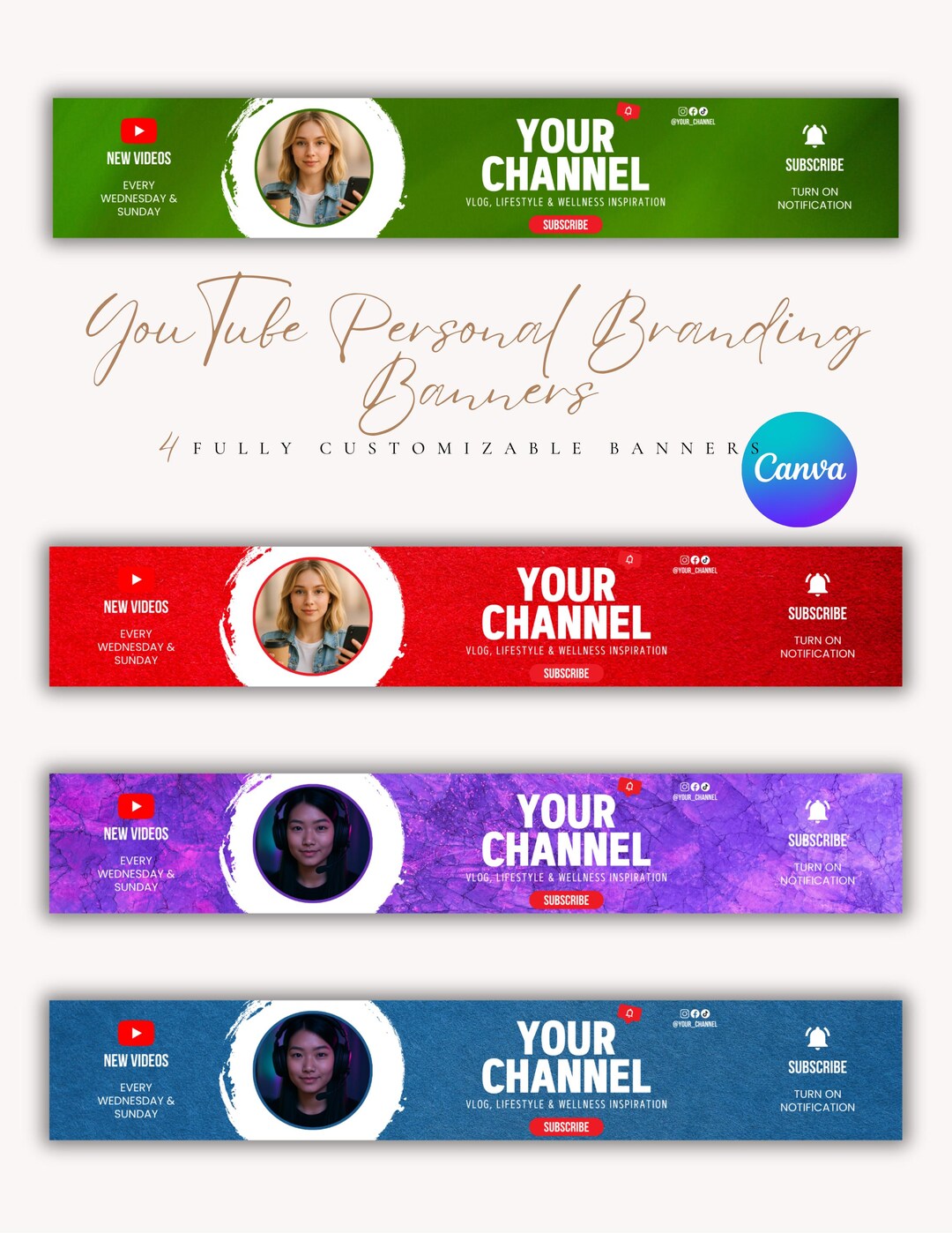 Youtube Banner Template Bundle – 4 Editable Canva Headers for Vloggers ...