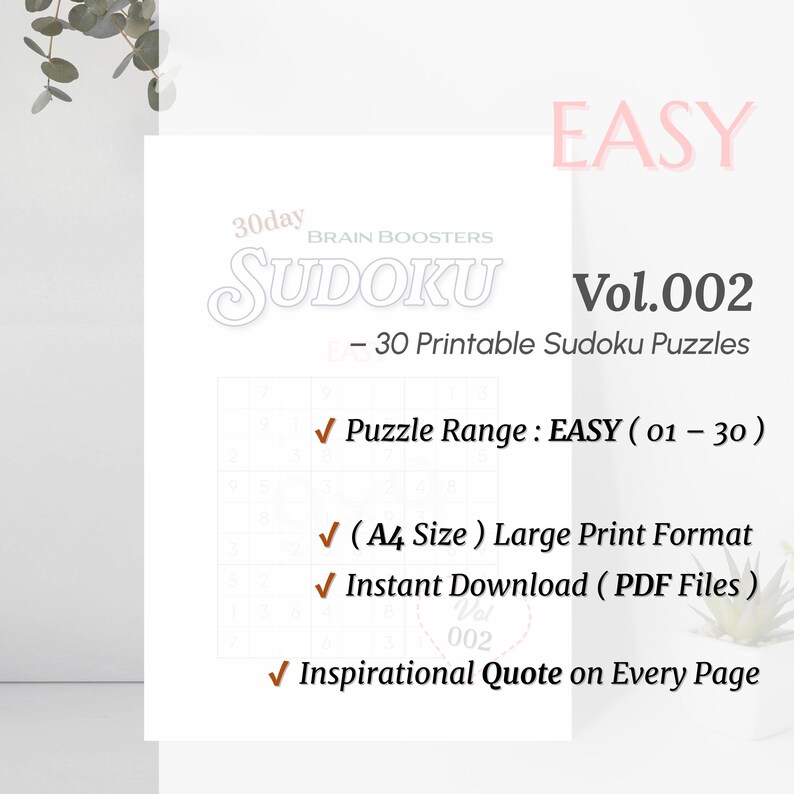 SUDOKU Easy_vol.002 | 30 Puzzles | A4 Size | Printable Sudoku Single ...