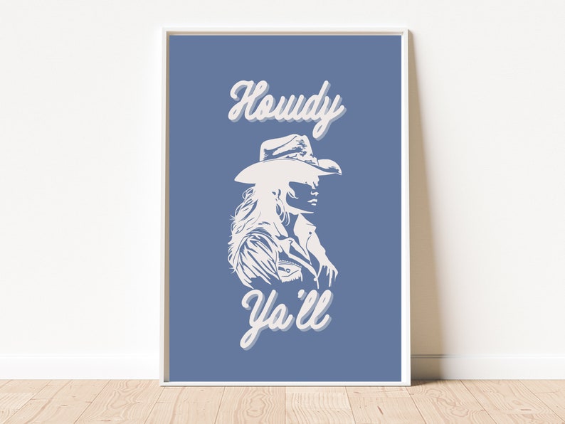 Howdy Ya'll Cowgirl Vintage Blue Digital Art Print, Airbnb Art, Western ...