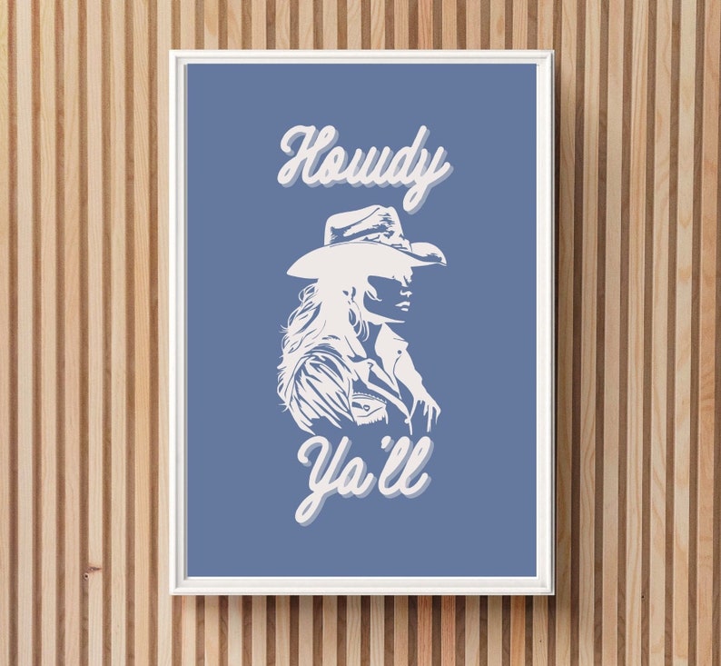 Howdy Ya'll Cowgirl Vintage Blue Digital Art Print, Airbnb Art, Western ...
