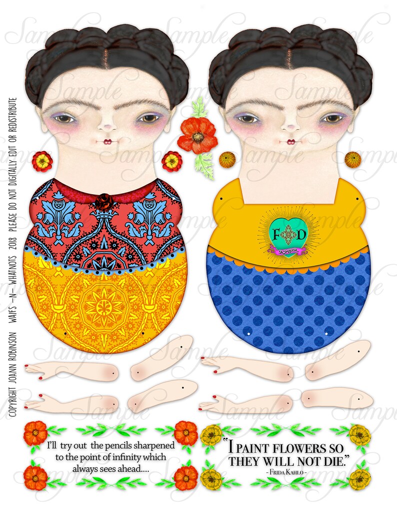 Frida Kahlo * Whimsical Articulated Paper Doll Set * Parrots * Spider ...