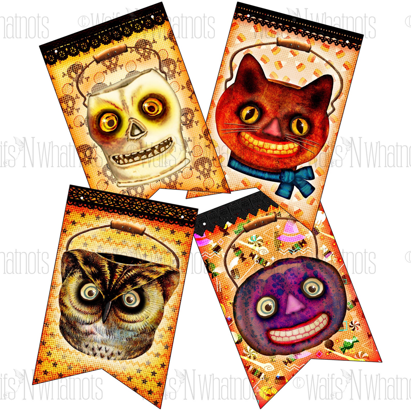 Halloween Vintage Style Treat Pail Banner Flag Bunting * Party ...