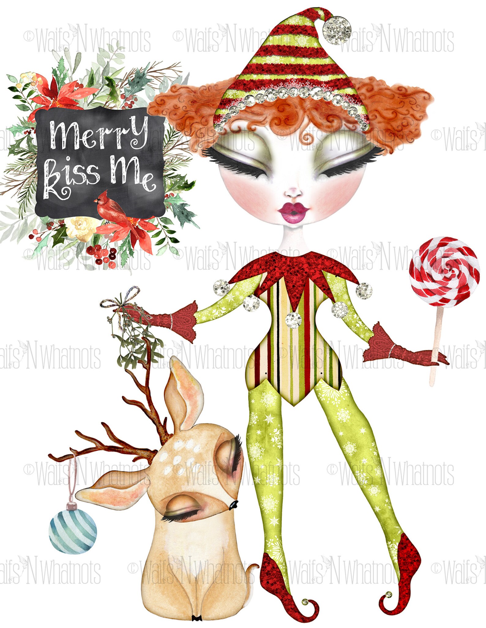 Printable Christmas Pixie Elf Paper Doll Whimsical Deer Mistletoe Kiss ...
