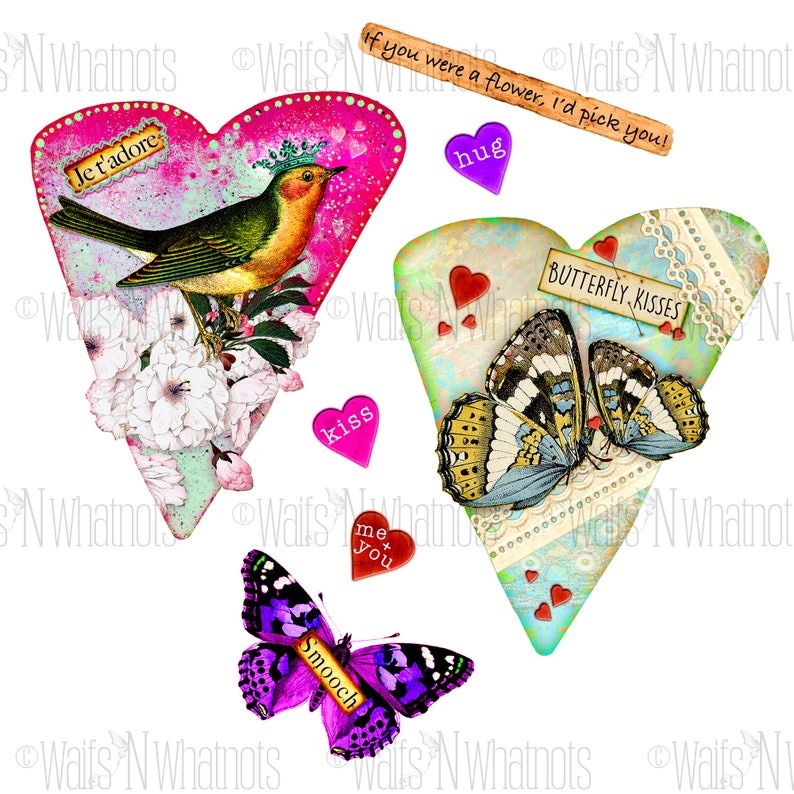 Valentine Romantic Style Collage Sheet Bunting Birds Floral Butterflies ...