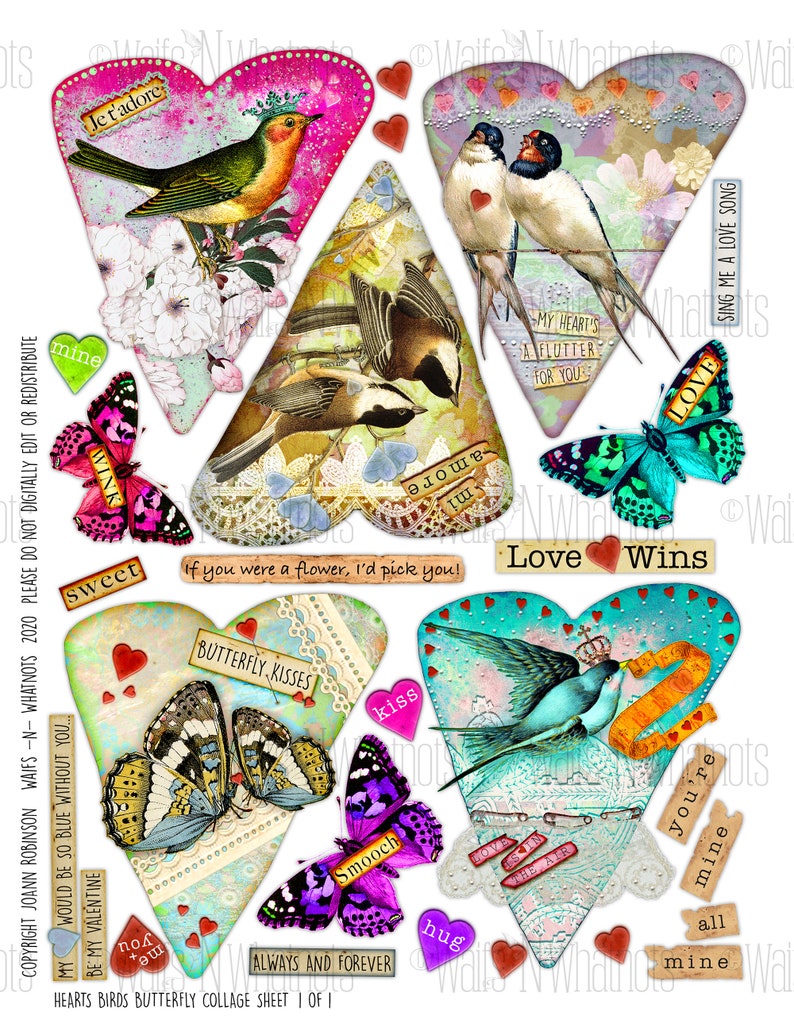 Valentine Romantic Style Collage Sheet Bunting Birds Floral Butterflies ...