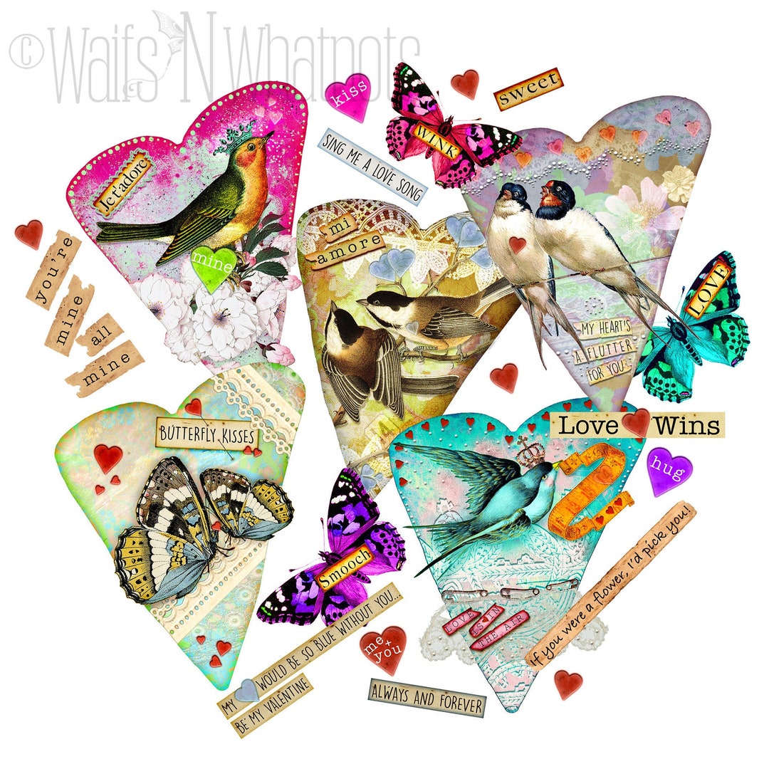 Valentine Romantic Style Collage Sheet Bunting Birds Floral Butterflies ...