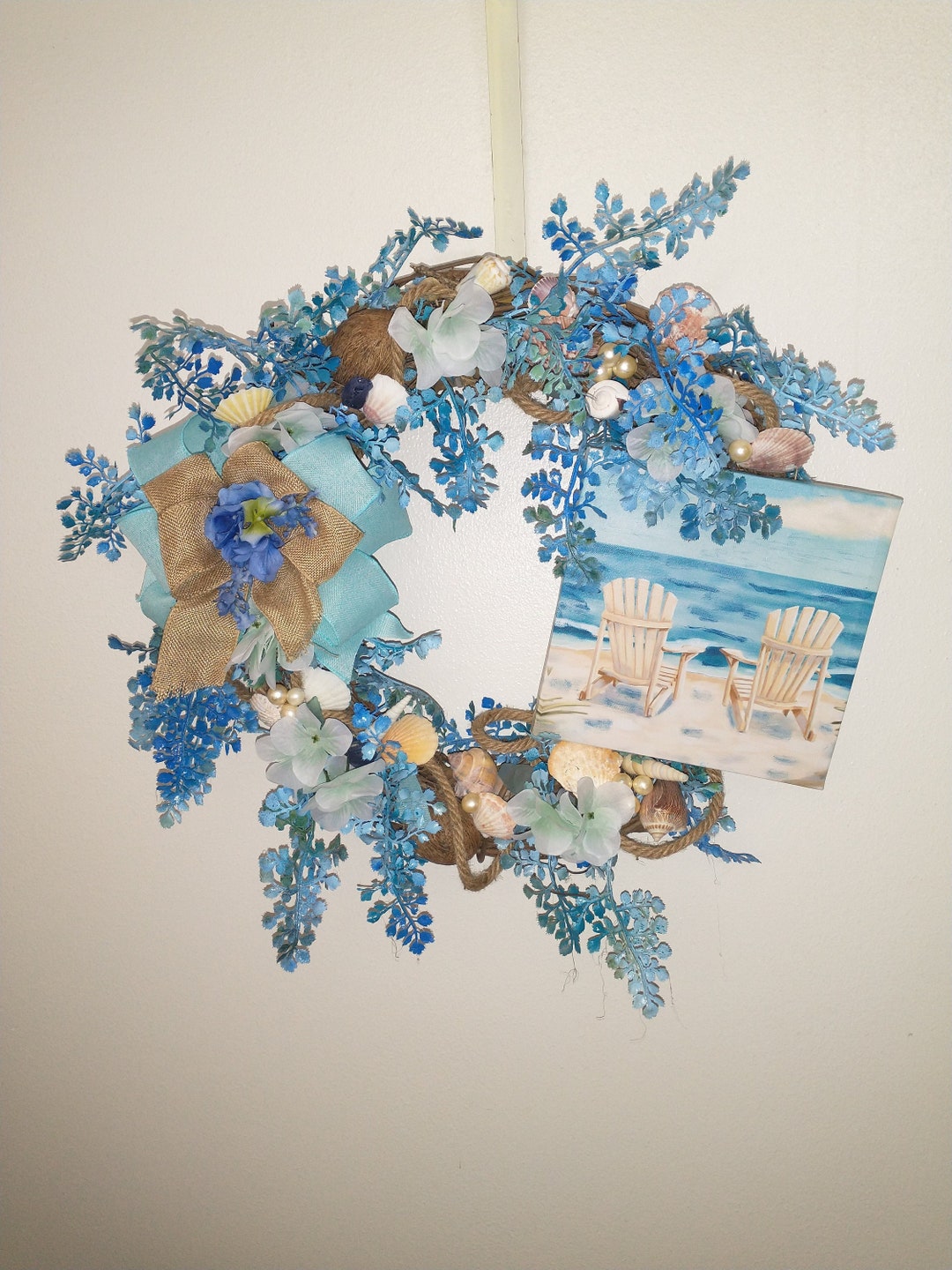 Blue Seashell Wreath, Beach Wreath, Ocean Wreath, Nautical Wreath, Teal ...