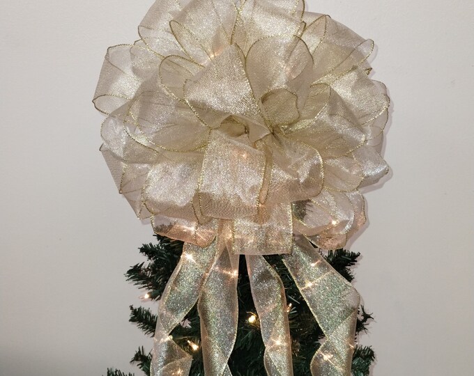 Gold Cream Christmas Tree Topper Bow, Glittery Gold Tree Topper ...