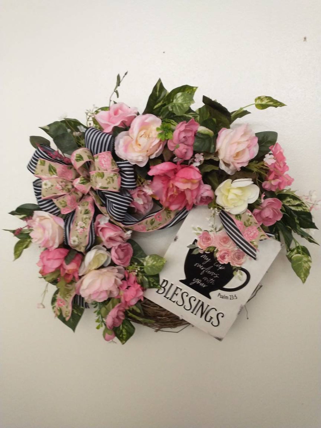 Pink Spring Wreath, Christian Wreath, Blessings Sign, Everyday Wreath ...