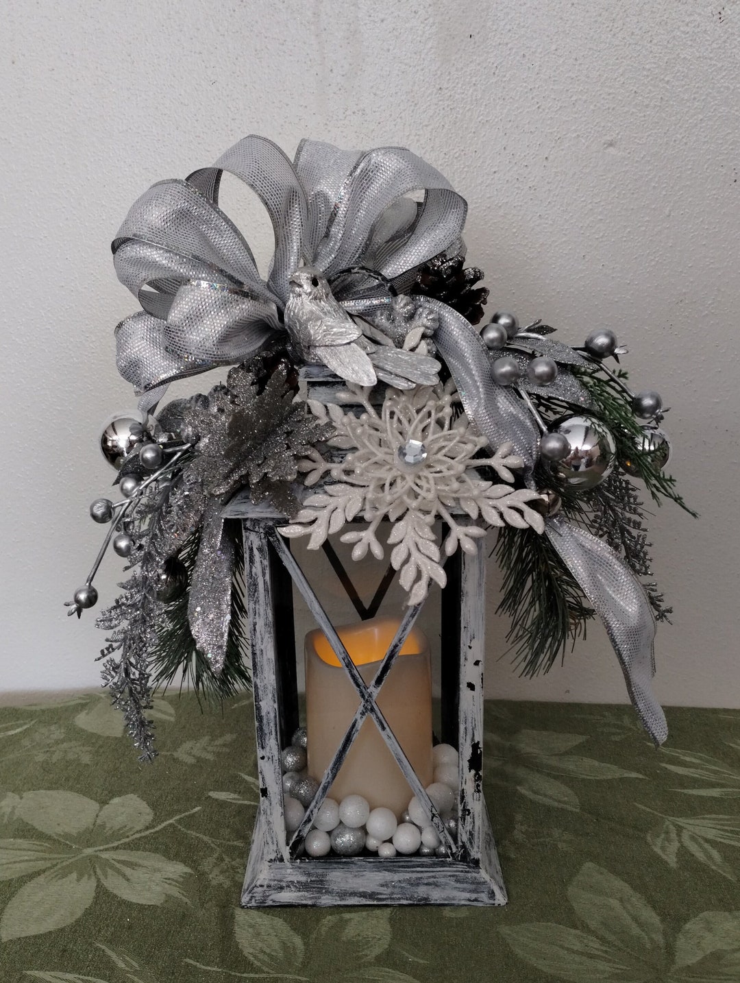 Winter Lantern, Lantern Table Decor, Wintercenterpiece, Silver Decor ...