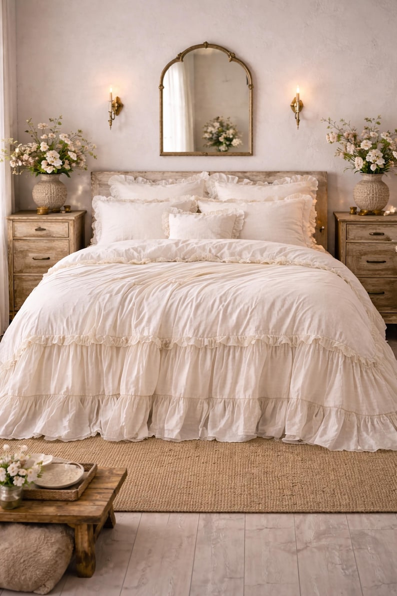 Off White Ruffle Duvet Cover, Cottagecore Bedding, French Country Bed ...