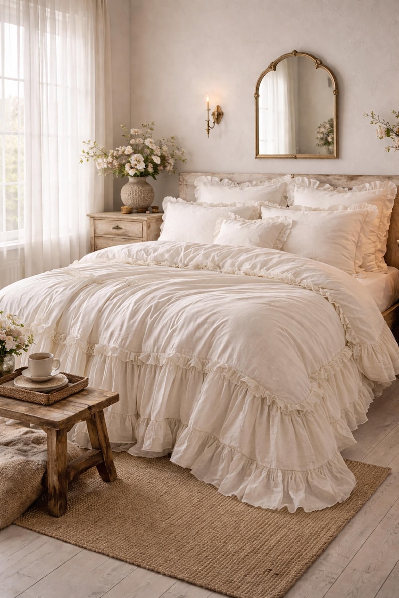 Off White Ruffle Duvet Cover, Cottagecore Bedding, French Country Bed ...
