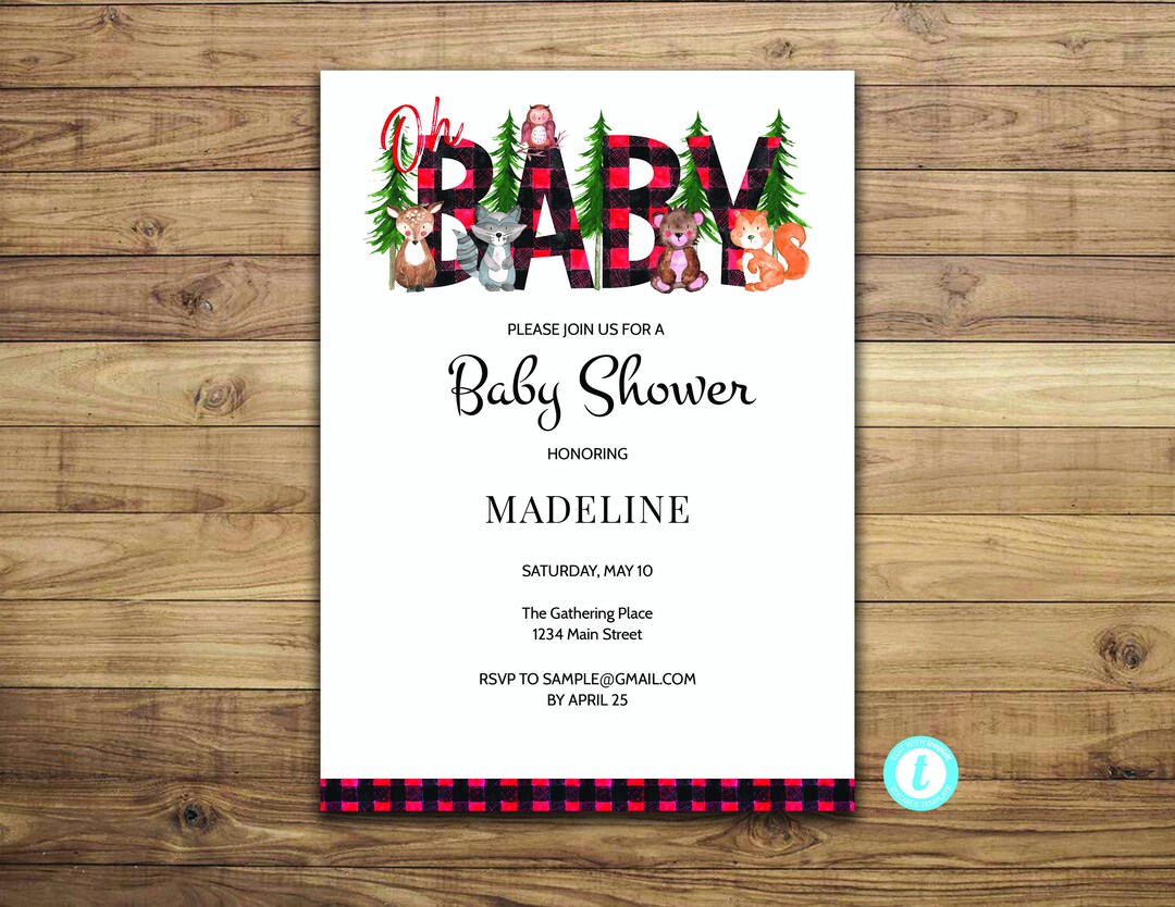Woodland Creatures Plaid Baby Shower Invitation Printable - Etsy