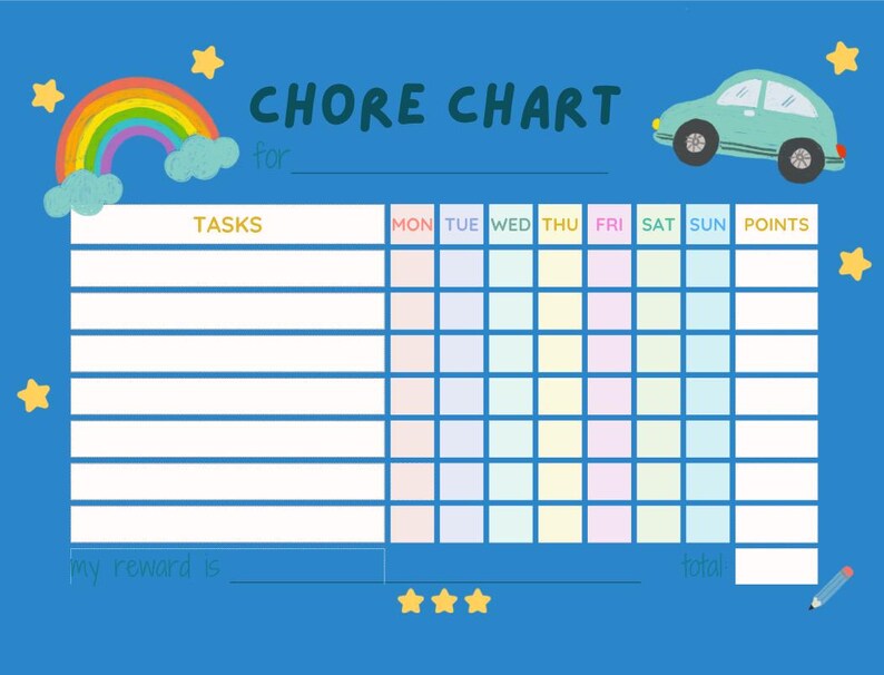 Editable and Printable Kids Chore Chart – Rainbow & Car Theme – Reward ...