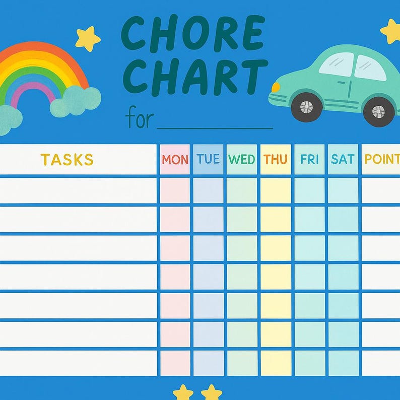 Editable and Printable Kids Chore Chart – Rainbow & Car Theme – Reward ...