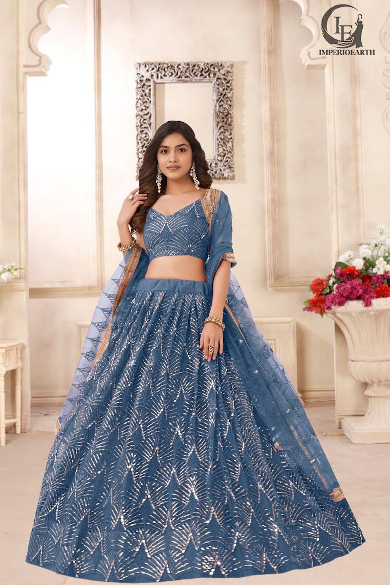 Steel-blue Sequin Lehenga Choli, Zari Embroidered Indian Outfit - Etsy