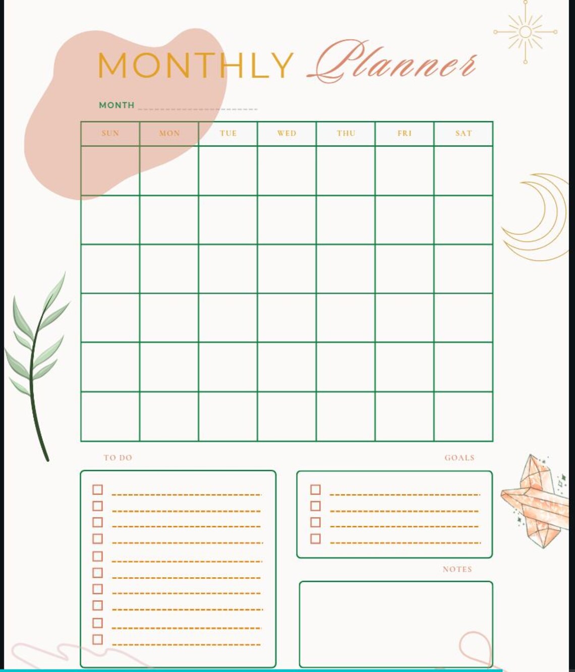 Boho Monthly Calendar - Includes Wellness Trackers for Mood, Hydration ...