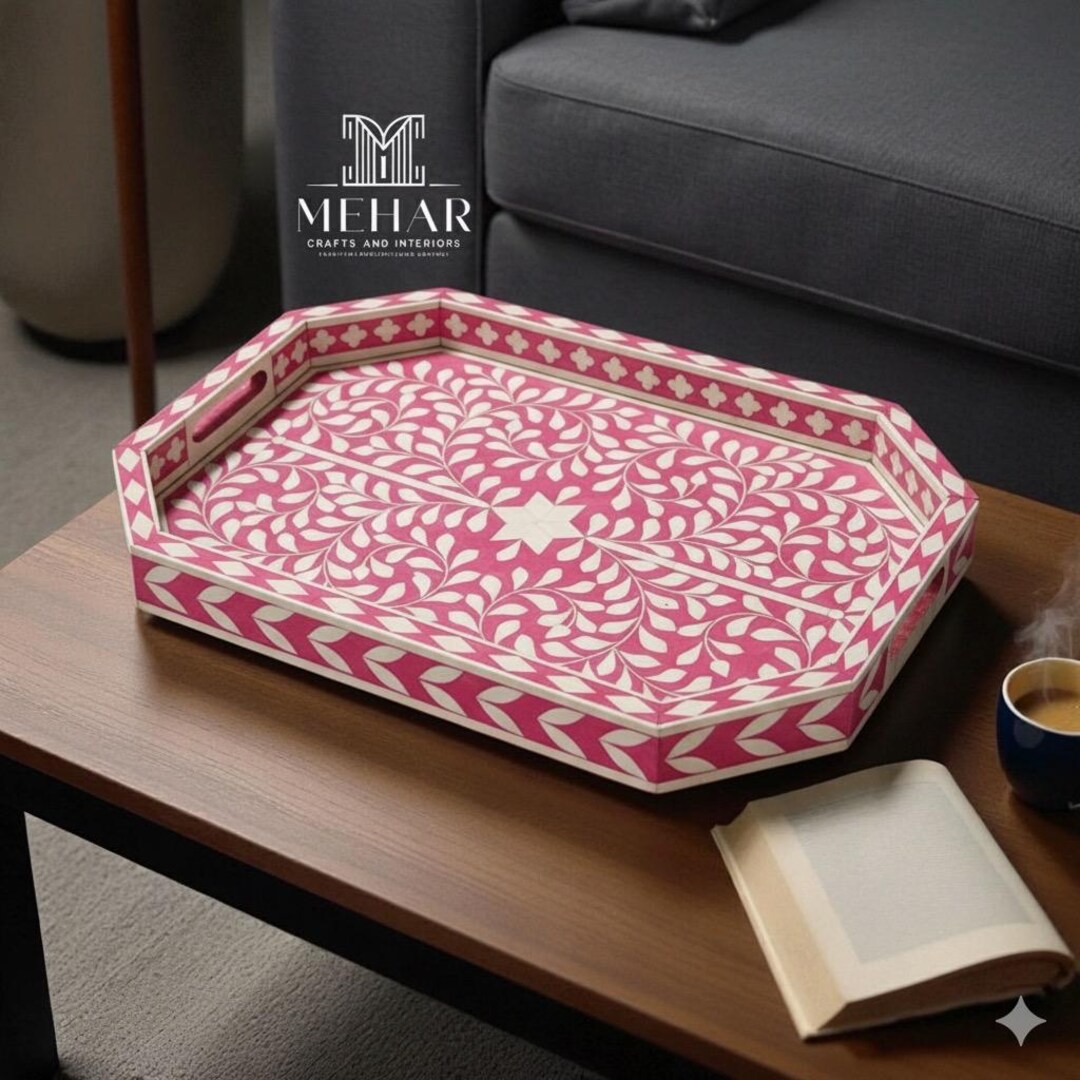 Pink Bone Inlay Serving Tray – Handmade Floral Coffee Table ...