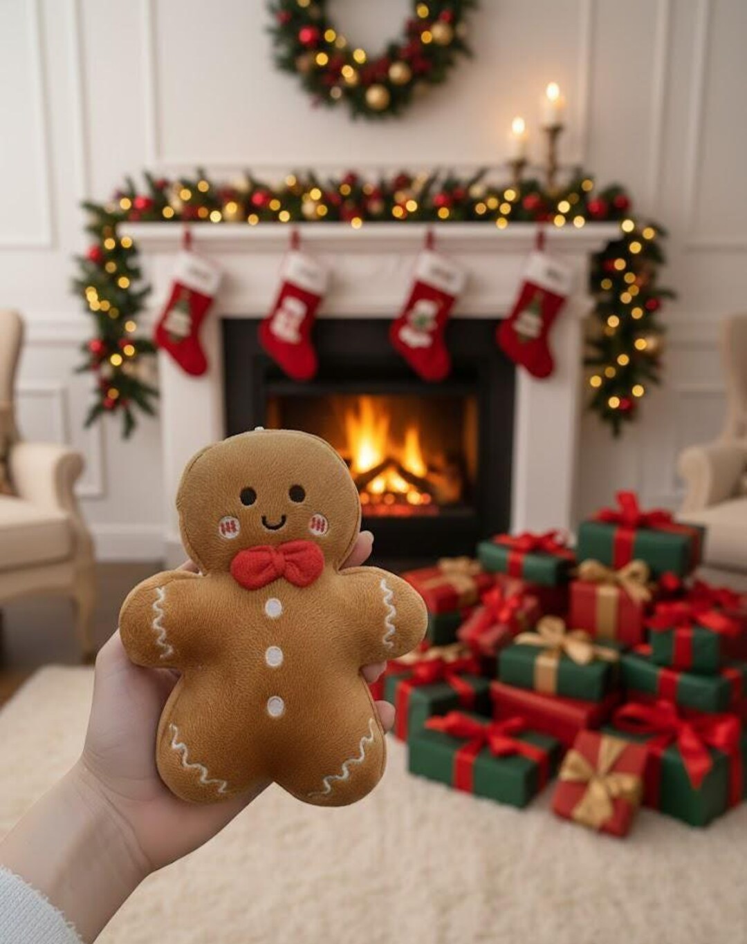 Gingerbread Man Plush Toy With Red Bow | Christmas Cookie Pillow ...