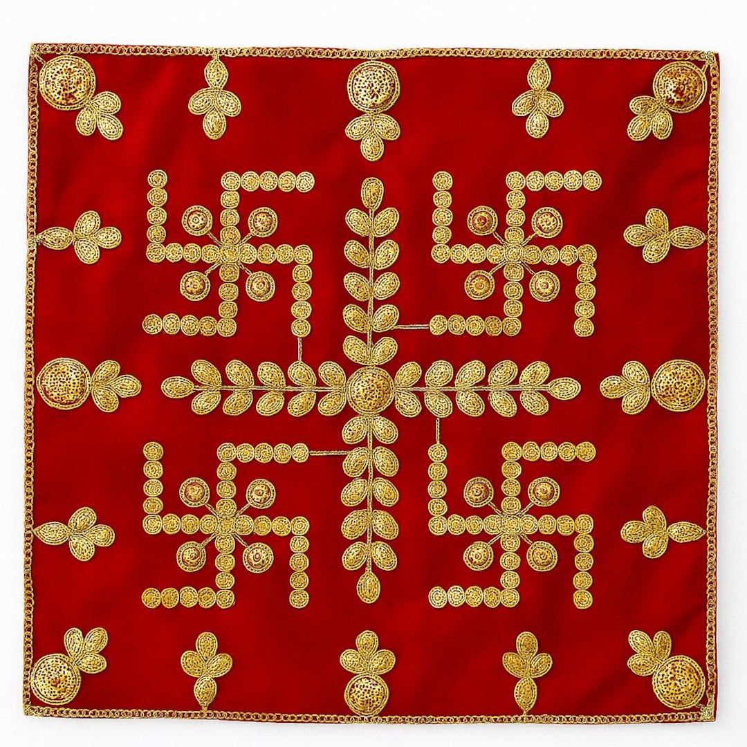 2psc Red Velvet Embroidery Pooja Aasan Mat: Handmade Altar Cloth ...