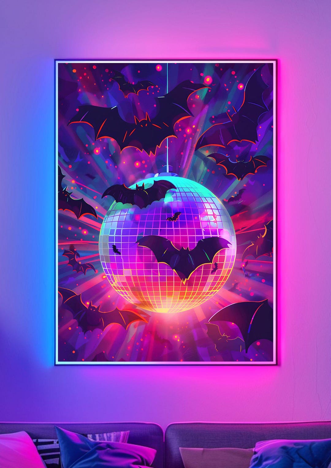 Halloween Disco Ball Art Print – Neon Bat Dance Party (digital Download ...