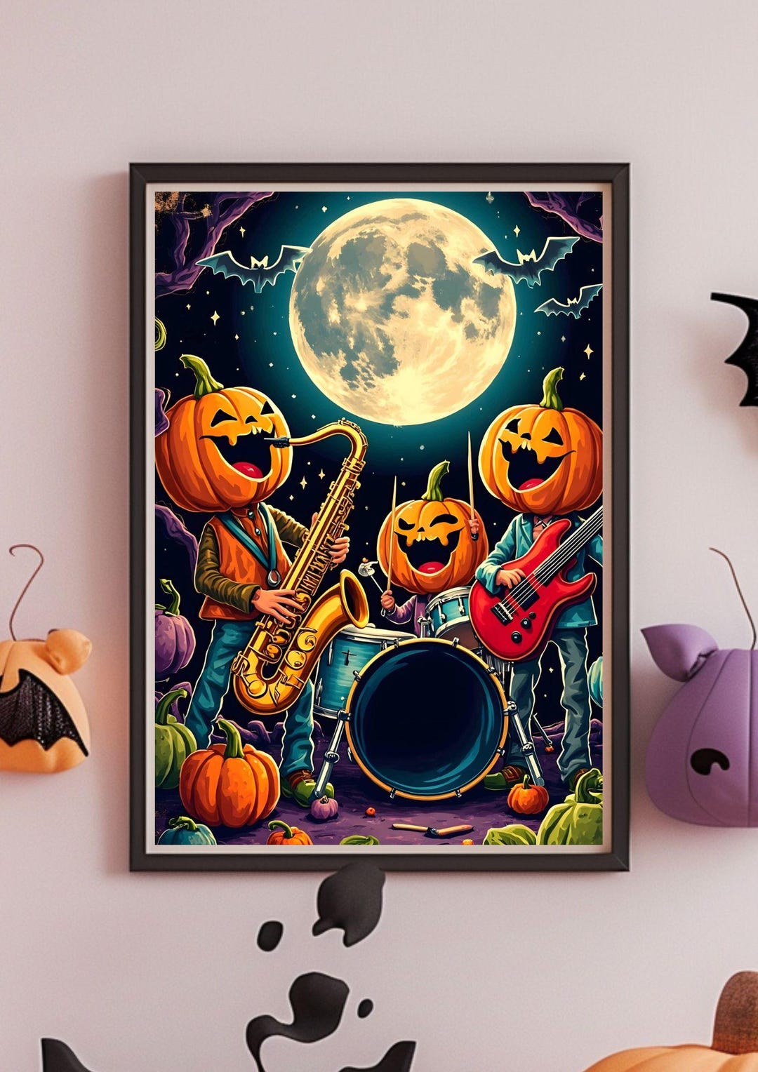 Vintage Halloween Pumpkin Band Poster – Spooky Jazz Art (digital ...