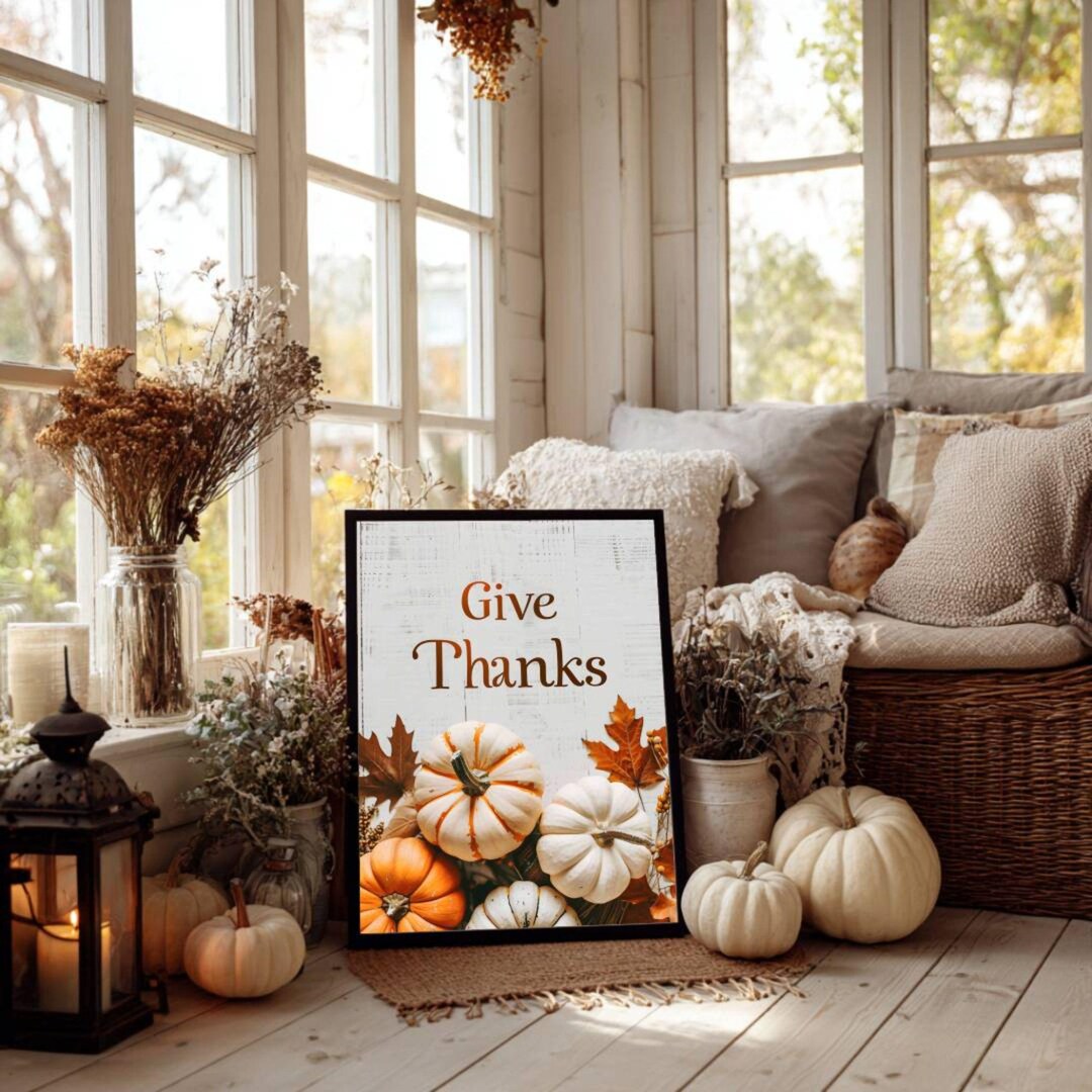 Give Thanks Fall Poster – Thanksgiving Pumpkin Wall Art – Rustic Autumn ...