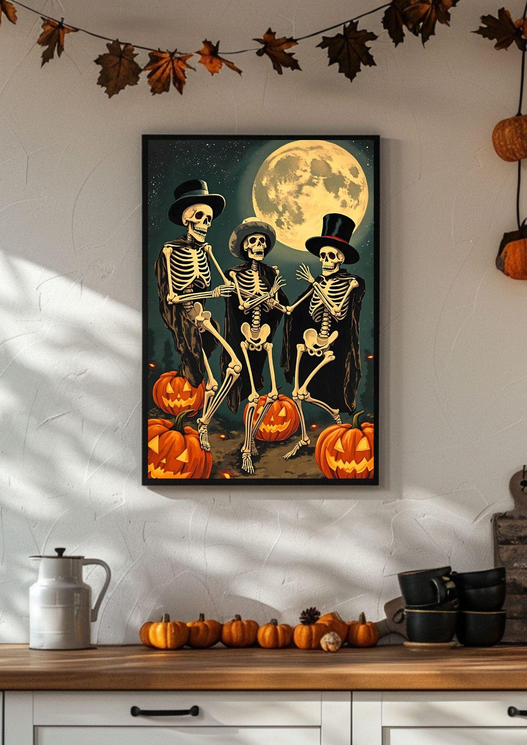 Vintage Dancing Skeletons Halloween Art Print – Gothic Pumpkin Decor ...