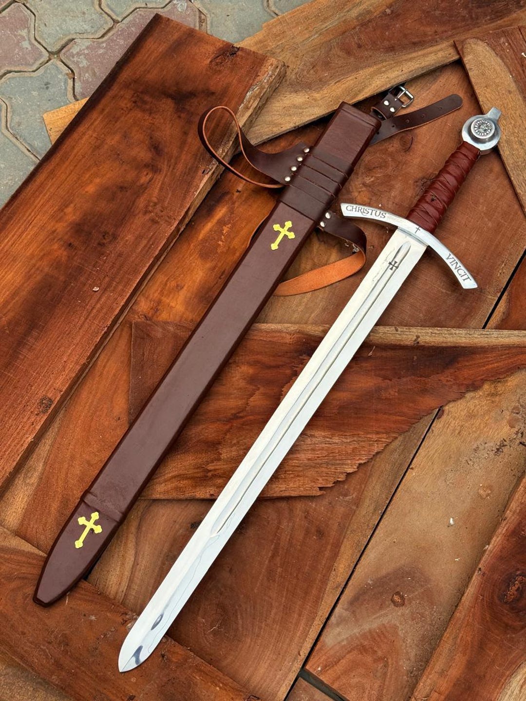 Medieval Crusader Sword – “christus Vincit” Arming Sword With Leather ...