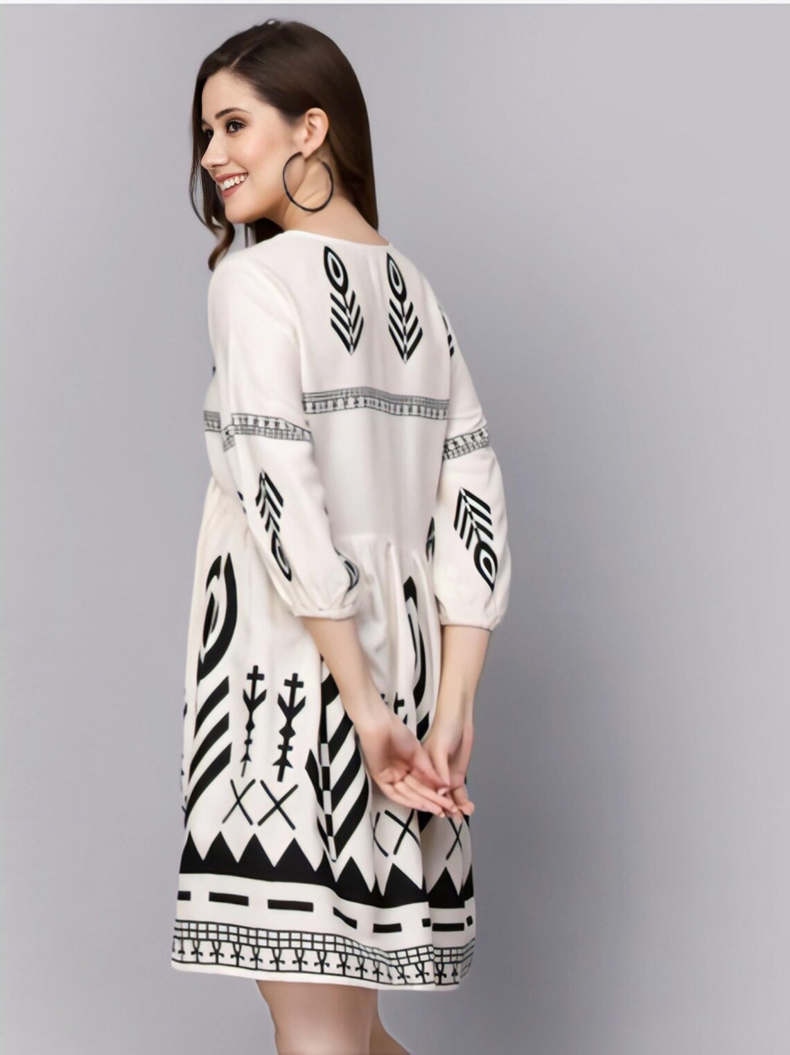 Boho Aztec Print Flared Mini Dress for Women – Rayon V-neck Casual ...