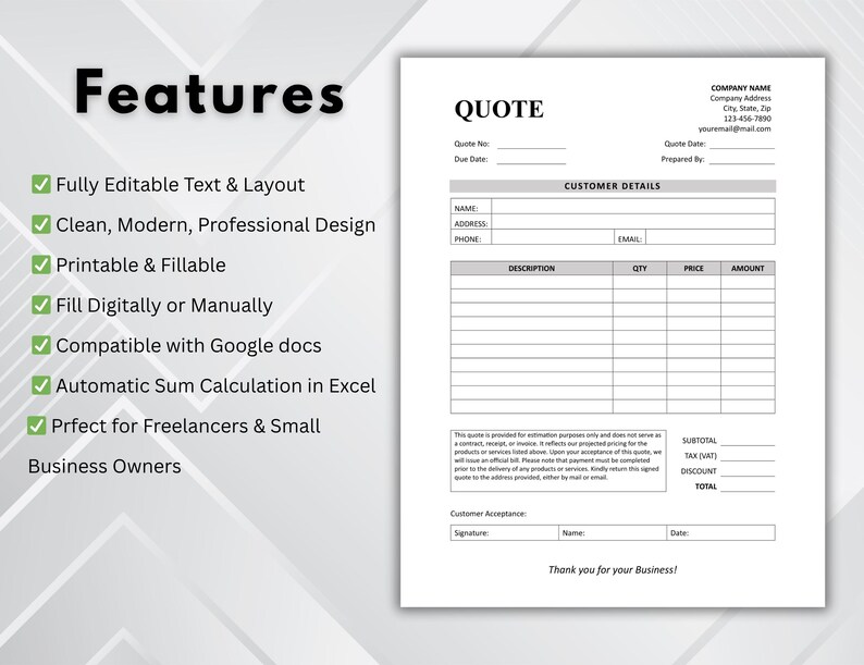 Printable Quote Template. Quote Form. Job Proposal. Price Estimate for ...