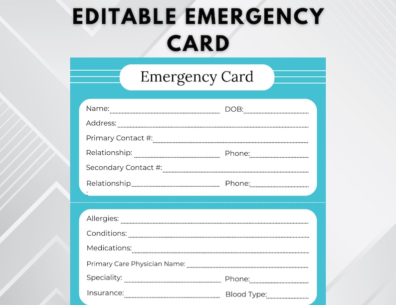 Editable Emergency Contact Card | Printable ICE Card for Wallet ...