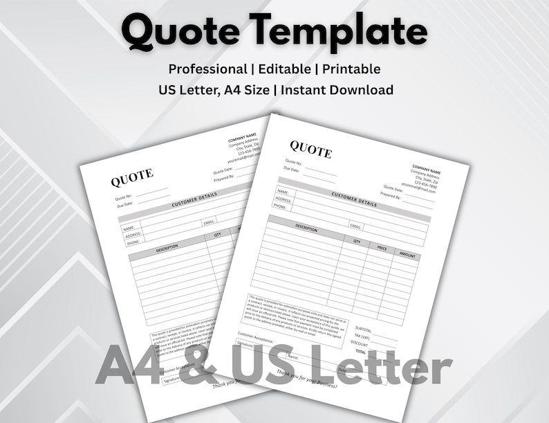 Printable Quote Template. Quote Form. Job Proposal. Price Estimate for ...