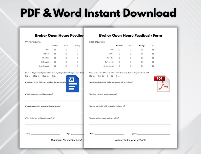 Broker Open House Feedback Form, Printable Real Estate Agent Open House ...