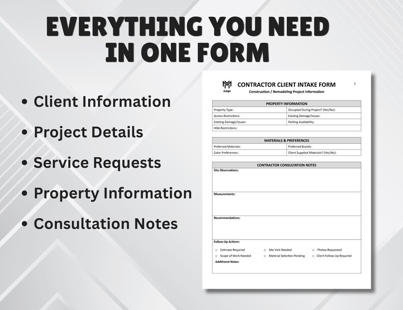 Contractor Client Intake Form Template | Construction Client ...