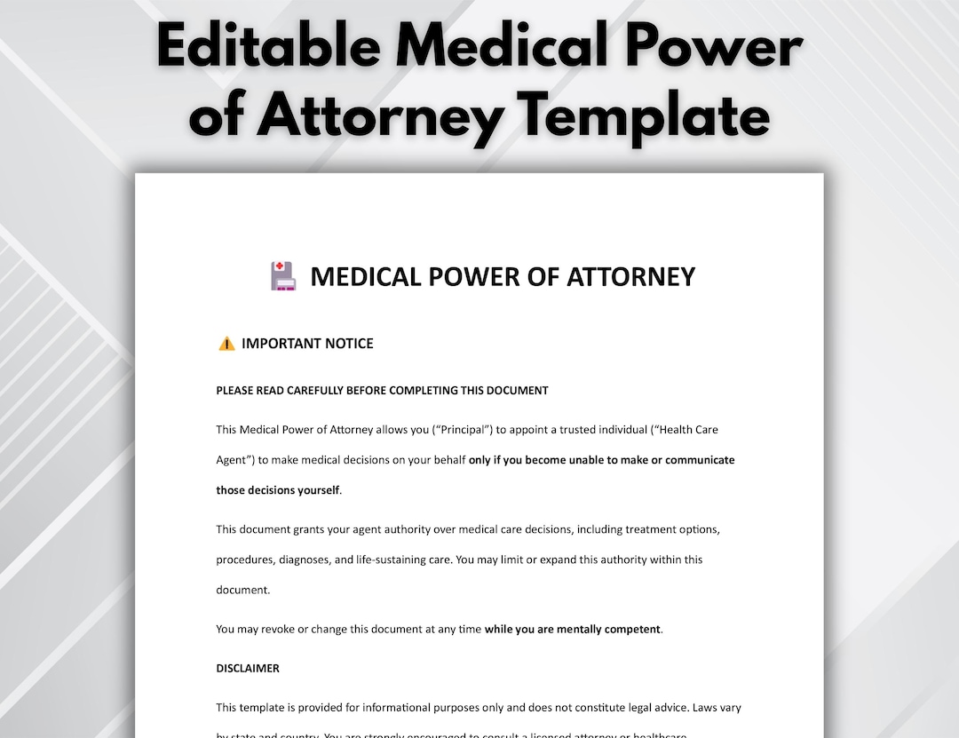 Medical Power of Attorney Template | Editable Healthcare POA Form ...